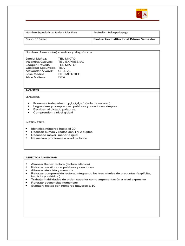 Evaluación Institucional I SEMESTRE JAVIERA RIOS | PDF | Comprensión lectora | Comunicación humana