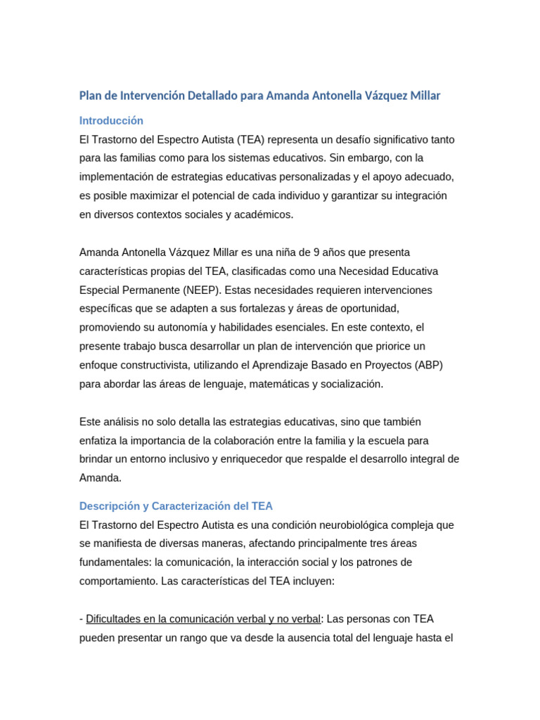 Plan de Intervención para Amanda con TEA | PDF | Espectro autista ...
