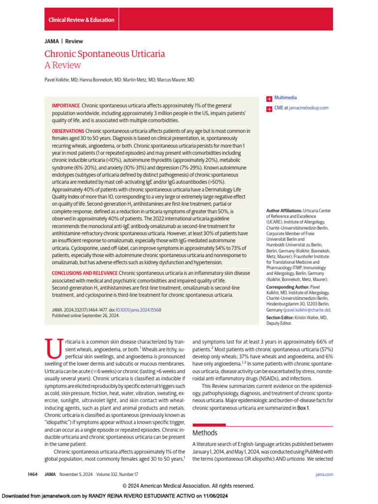 Chronic Spontaneous Urticaria JAMA 2024 | PDF | Immunology | Medical ...