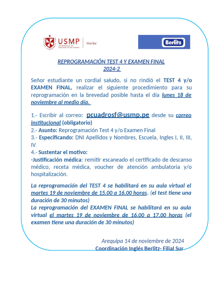 Reprogramación Test 4 y Ex. Final 2024 - 2 | PDF | Crecimiento personal ...