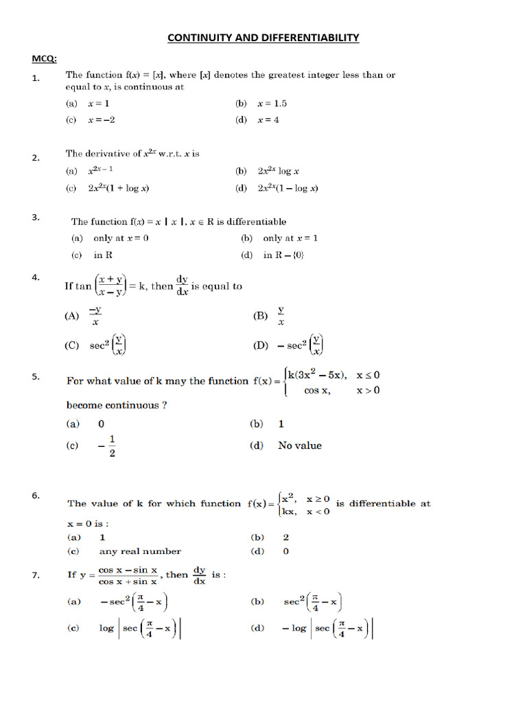 Continuity and Differentiability MCQs | PDF
