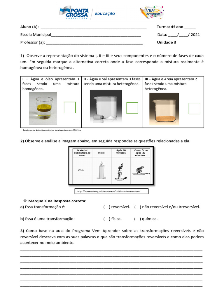 Ativ. CN 4o Ano U4 Caracteristicas Dos Materiais | PDF | Ciências e Matemática
