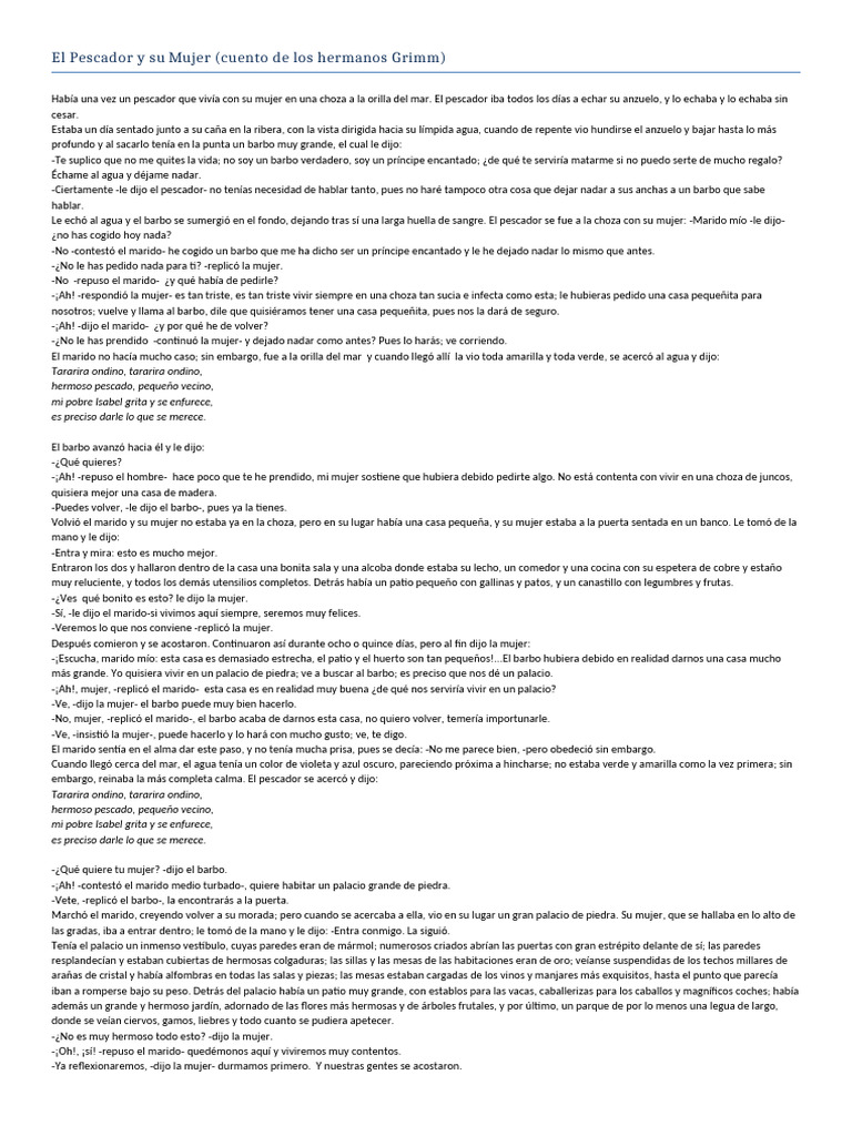 El Pescador y Su Mujer | PDF | Clásicos