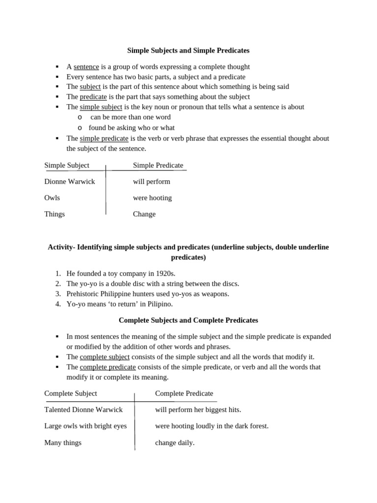 Simple Subjects and Simple Predicates | PDF | Subject (Grammar ...