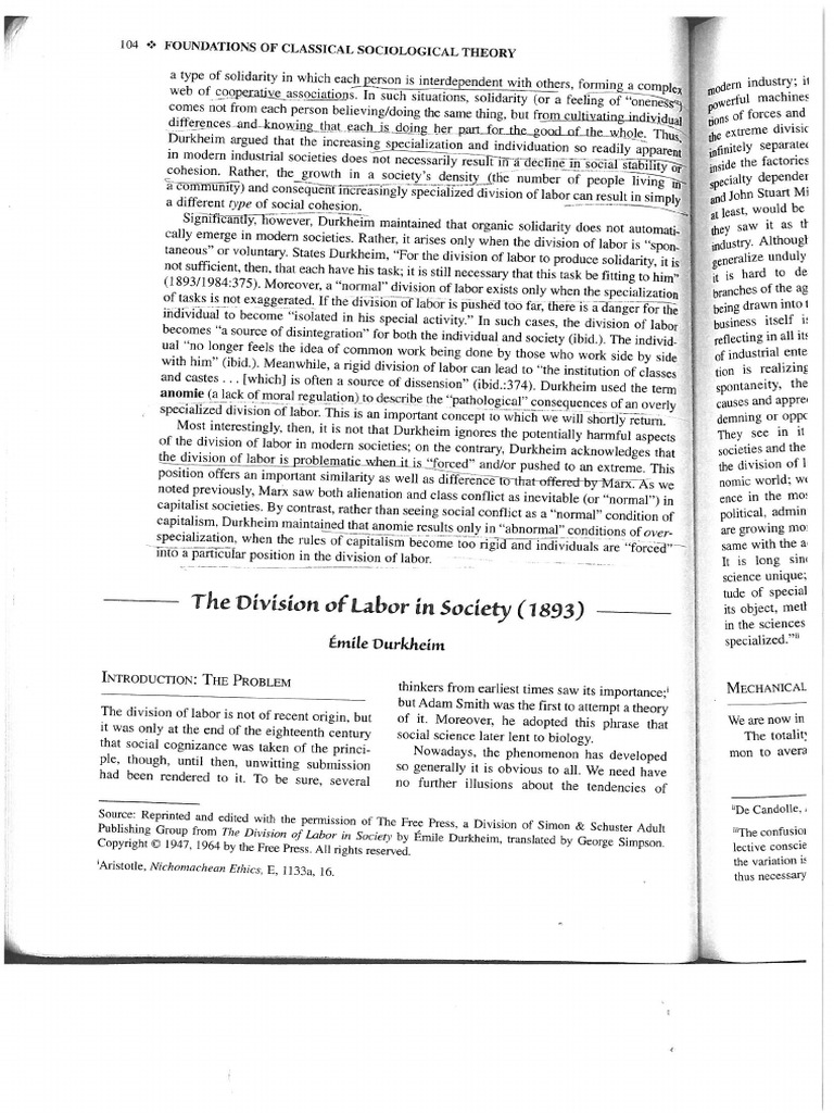 Week 3 Durkheim - The Division of Labor in Society | PDF