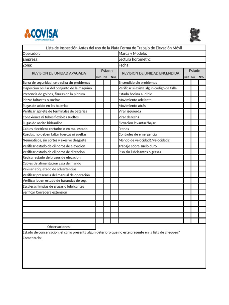 Inspección Móvil de Elevación: Checklist | PDF