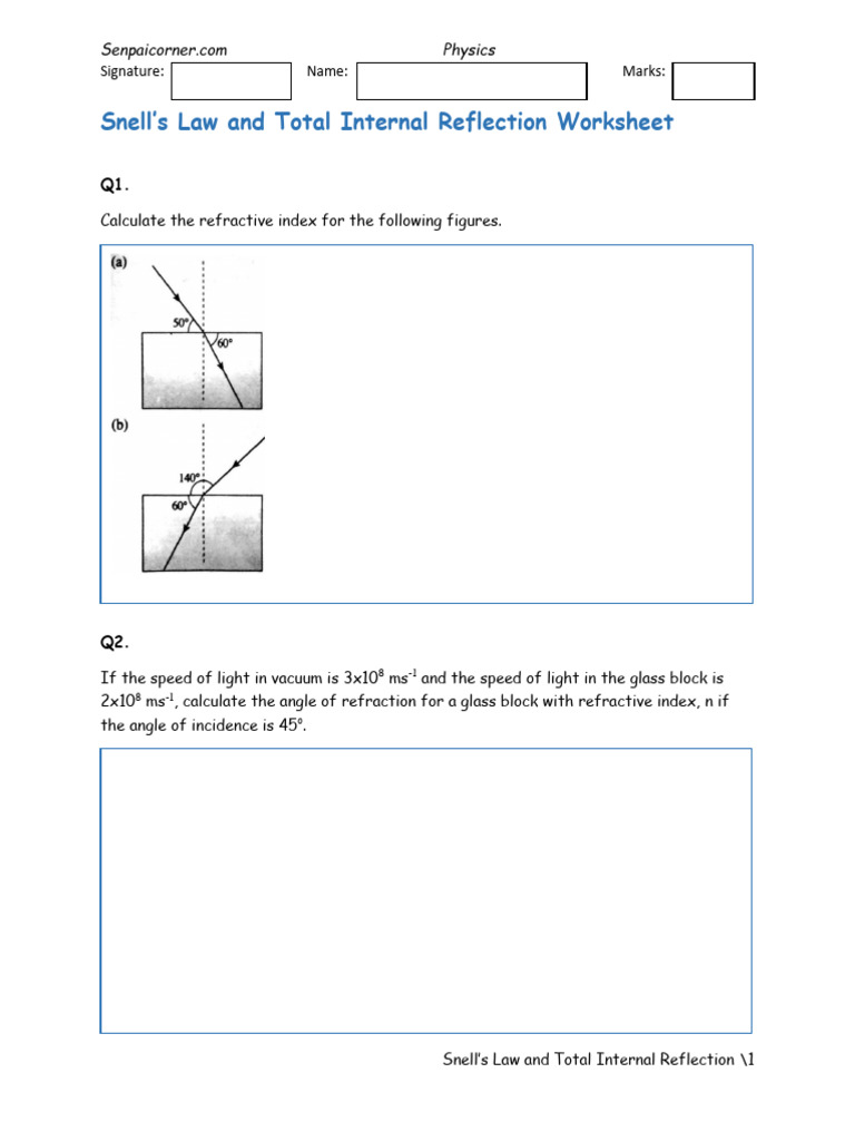 Chapter 3 - Snell's Law and Total Internal Reflection | PDF ...