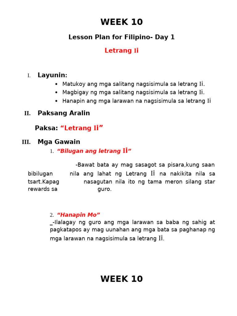 week 10 Lesson plan | PDF | Lesson Plan
