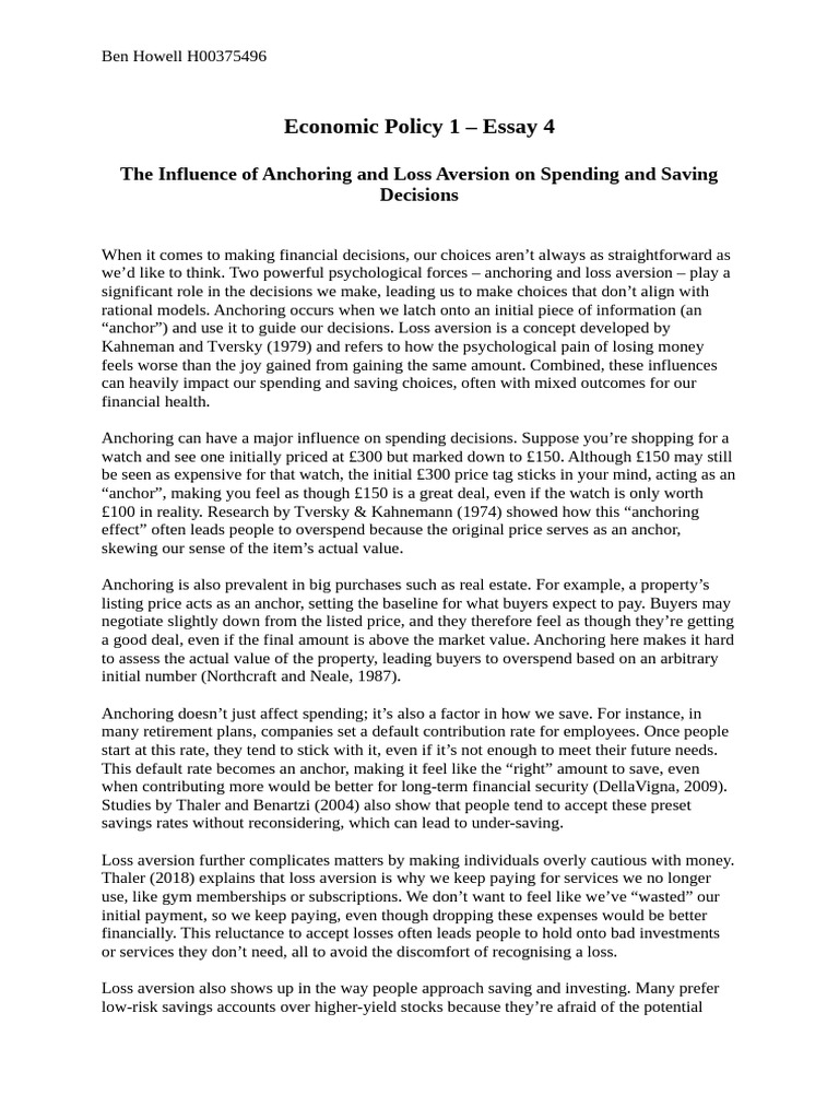 Anchoring and Loss Aversion Essay | PDF | Behavioral Economics ...