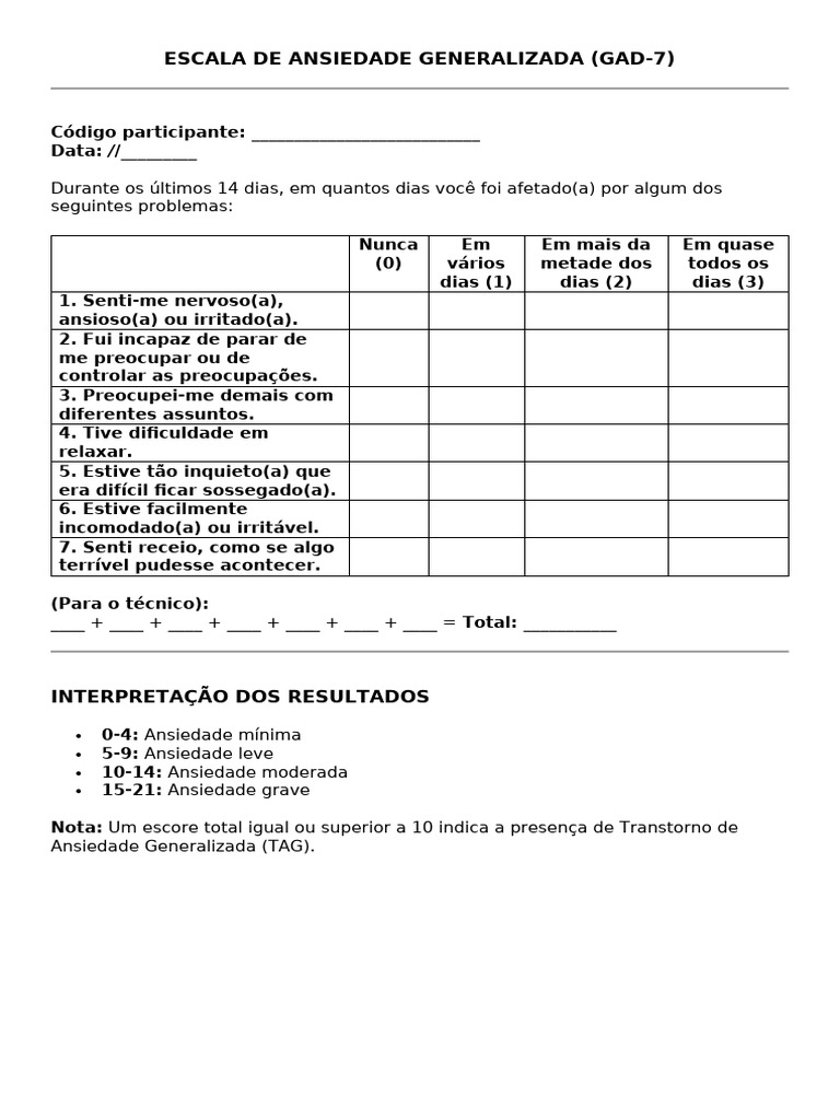 Escala de Ansiedade Generalizada (Gad-7) | PDF