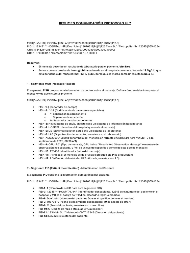 Protocolo HL7: Resultados de Laboratorio | PDF | Radiología | Laboratorios