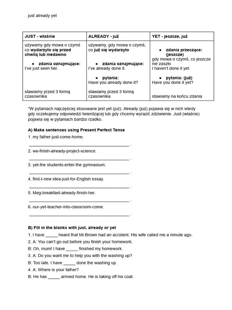 Present Perfect: Just, Already, Yet Exercises | PDF