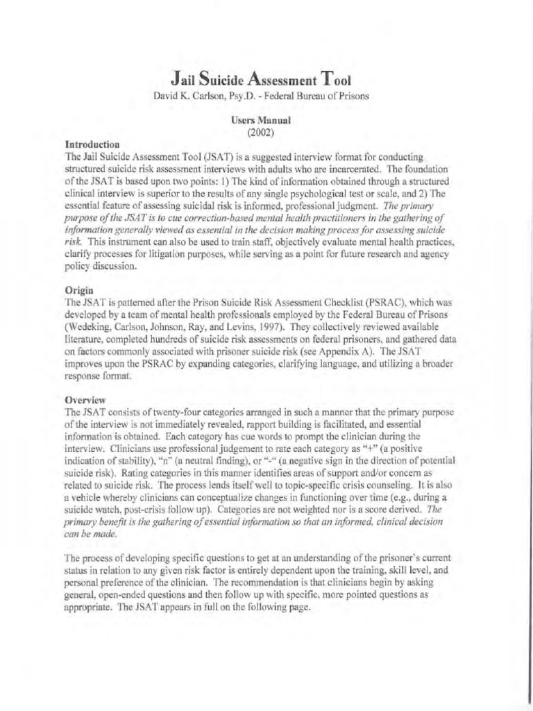 Jail Suicide Assessment Tool | PDF | Substance Abuse | Mental Disorder