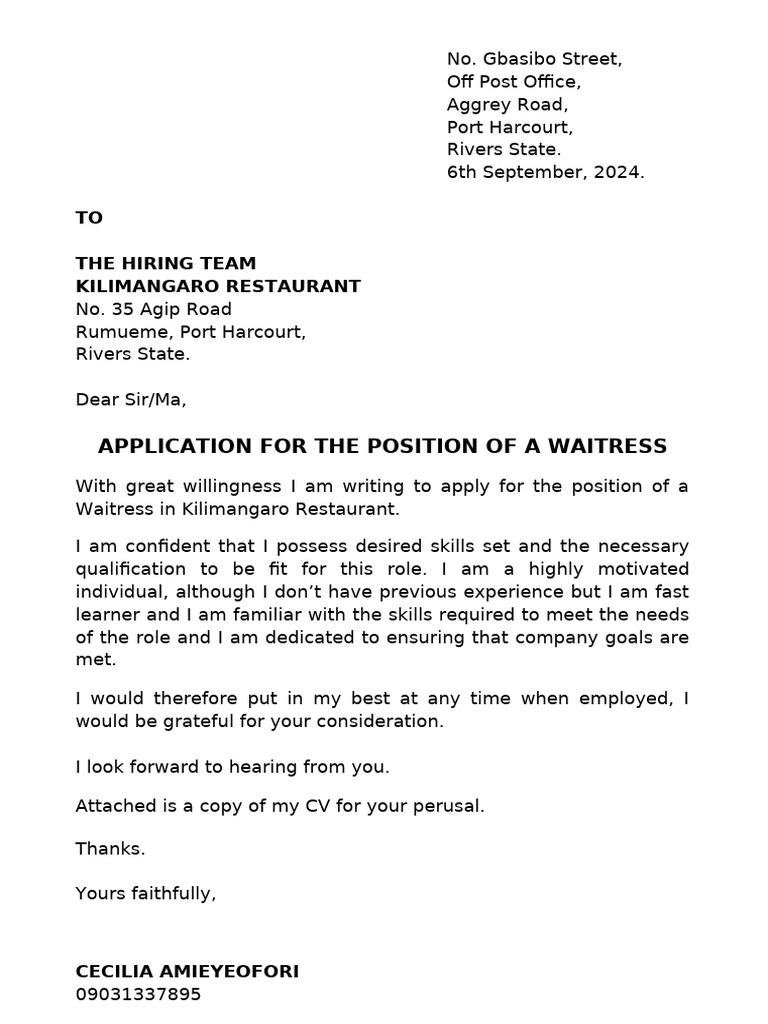 Application for Waitress Position | PDF