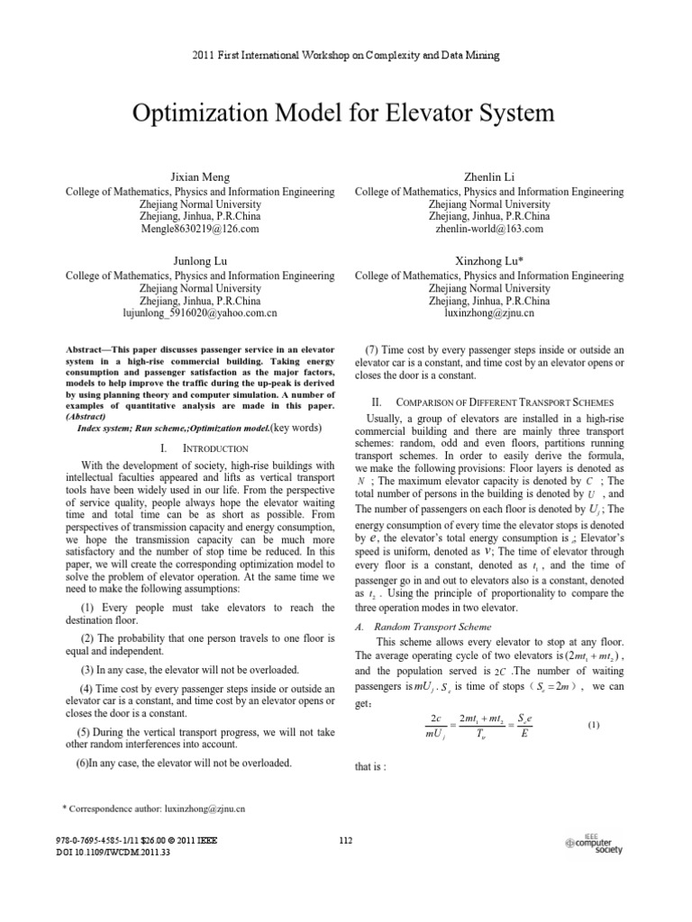Optimization Model For Elevator System | PDF | Elevator | Computer ...