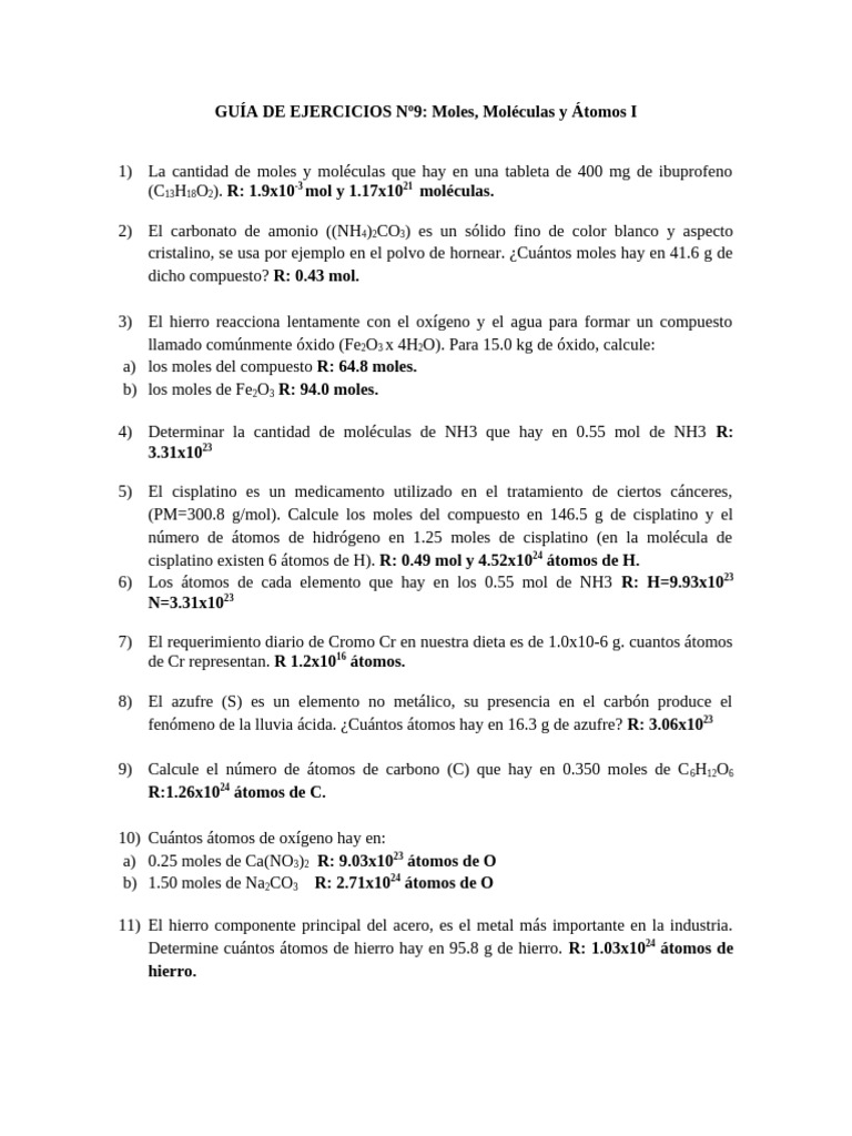 Guía de Ejercicios Moles - Moléculas y Ätomos | PDF | Mole (Unidad) | Amoníaco