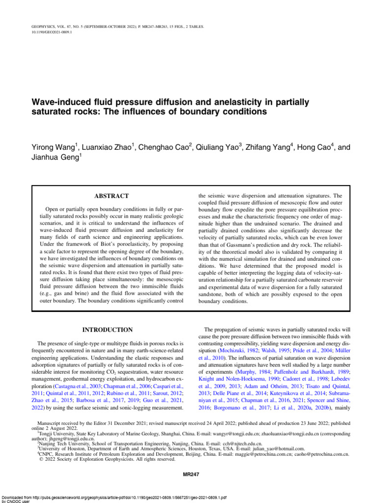 Wave-Induced Fluid Pressure Diffusion and Anelasticity in Partially | PDF | Porosity | Diffusion