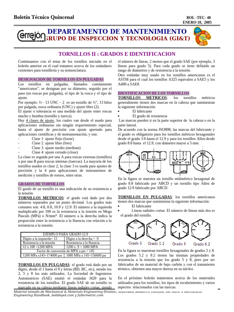 Boletín 48 - Tornillos II - Grados e Identificación | PDF | Tornillo ...
