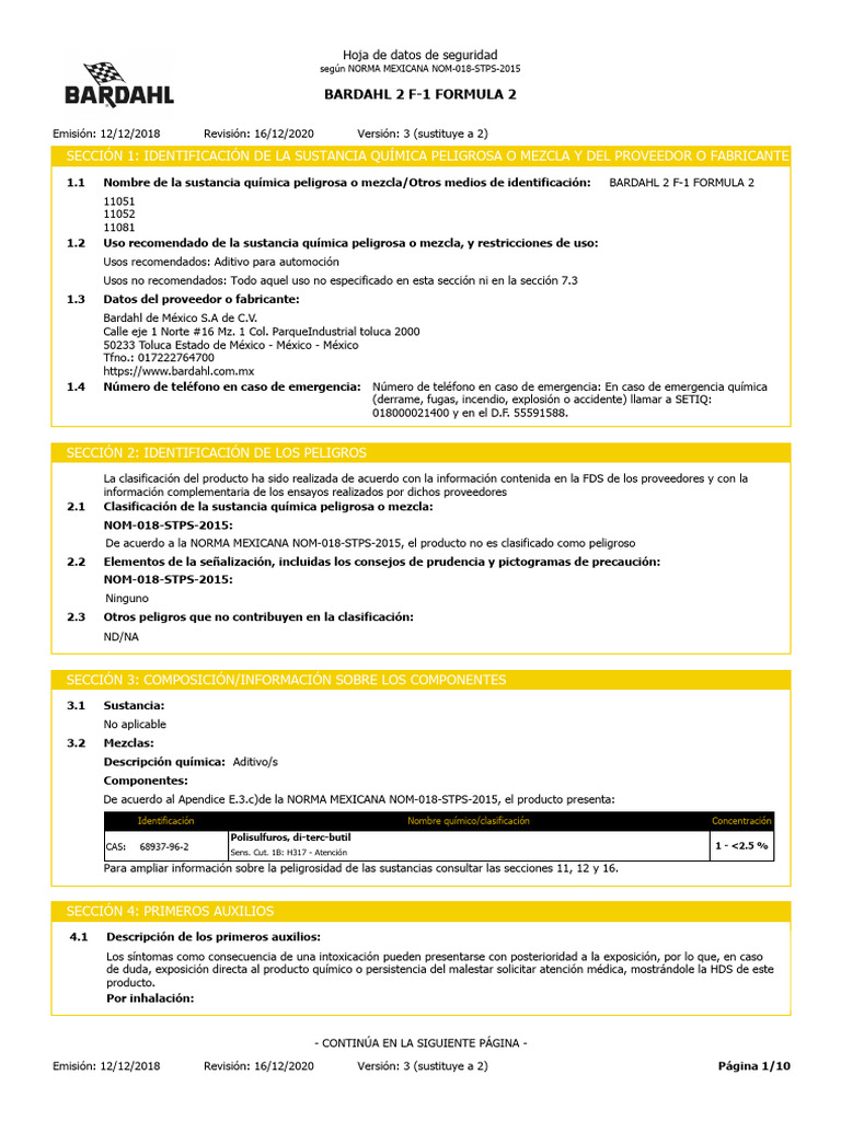 Bardahl 2 F-1 Formula 2 Aditivo | PDF | Residuos | Materiales
