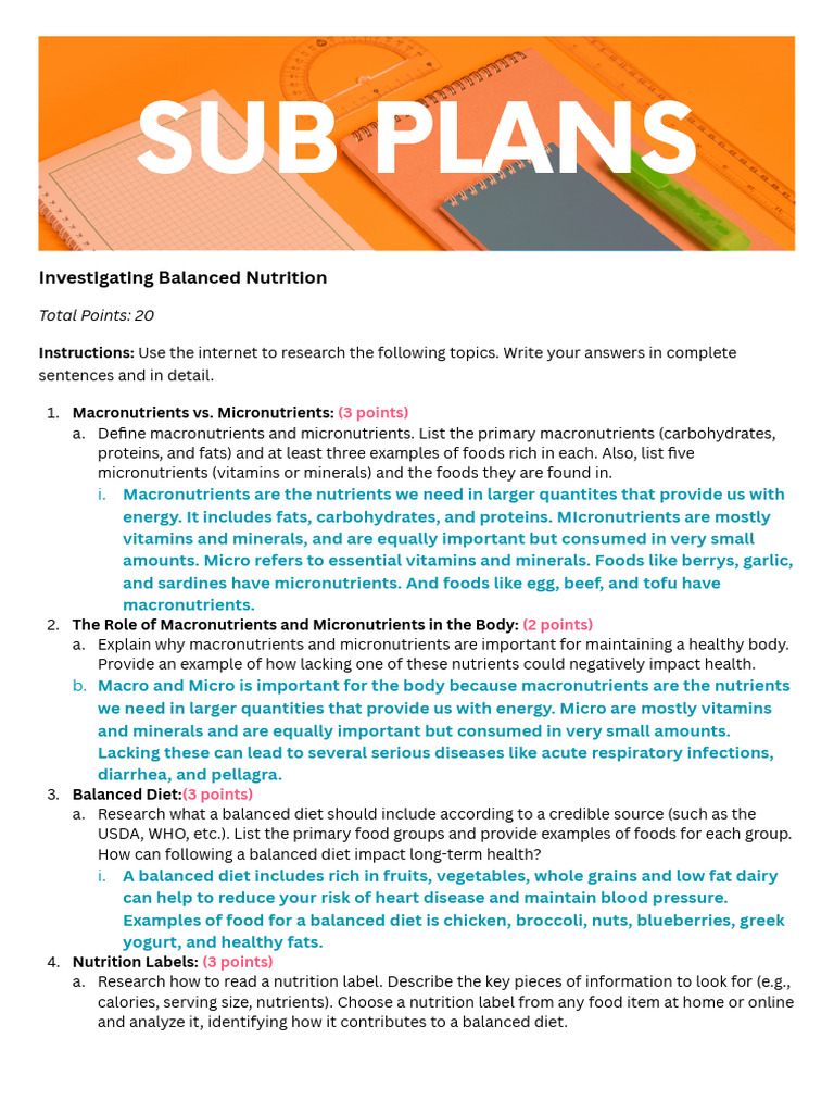 ? Sub Plans - h11 - Nutrition | PDF | Nutrients | Healthy Diet