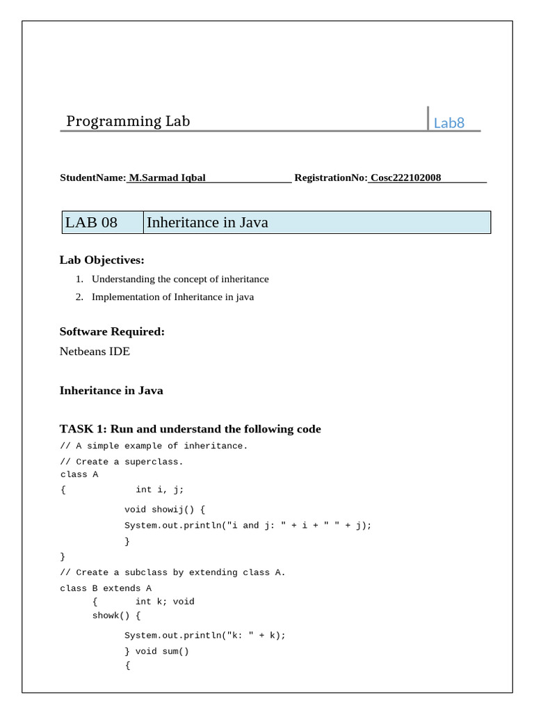 Lab 8 Sarmad | PDF | Inheritance (Object Oriented Programming) | Object ... Lab 8 Sarmad | PDF | Inheritance (Object Oriented Programming) | Object ...