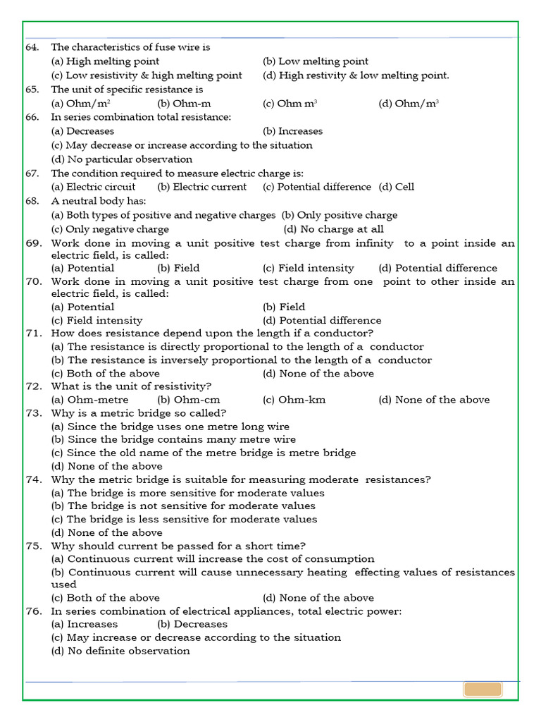 Physics Quiz for Students | PDF | Electrical Resistance And Conductance ...