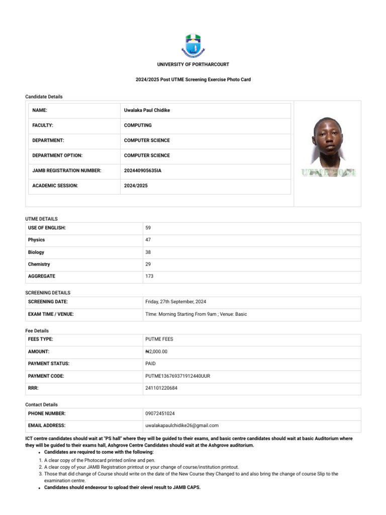 UNIPORT 2024/2025 Post UTME Details | PDF