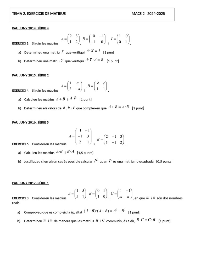 Tema 2. Exercicis Matrius | PDF