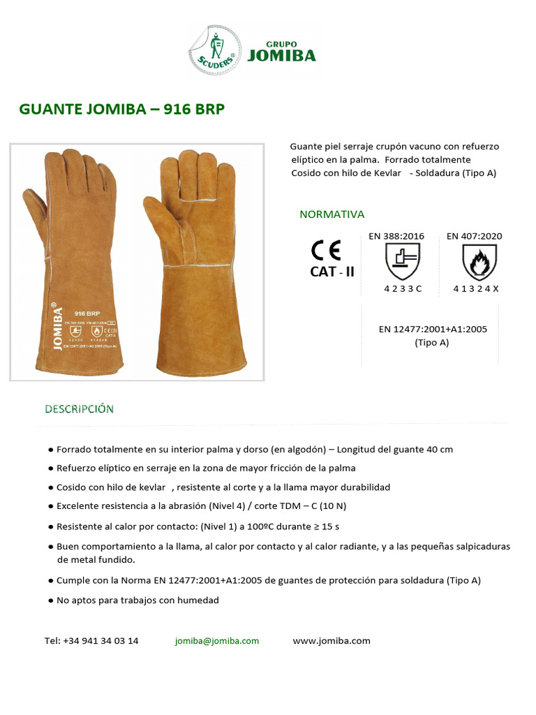 1193 Guante Soldador Jomiba Gso 916 BRP Ficha Tecnica | PDF