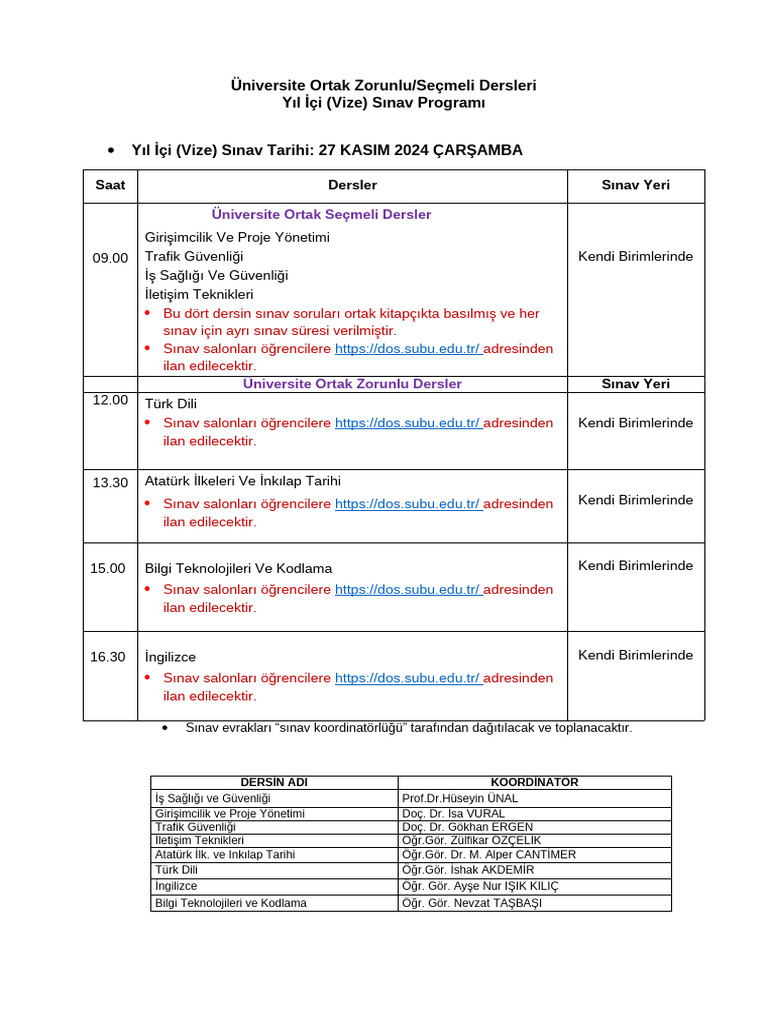 Üniversite Ortak Zorunlu - Seçmeli Dersleri - Yıl İçi Sınav Programı | PDF
