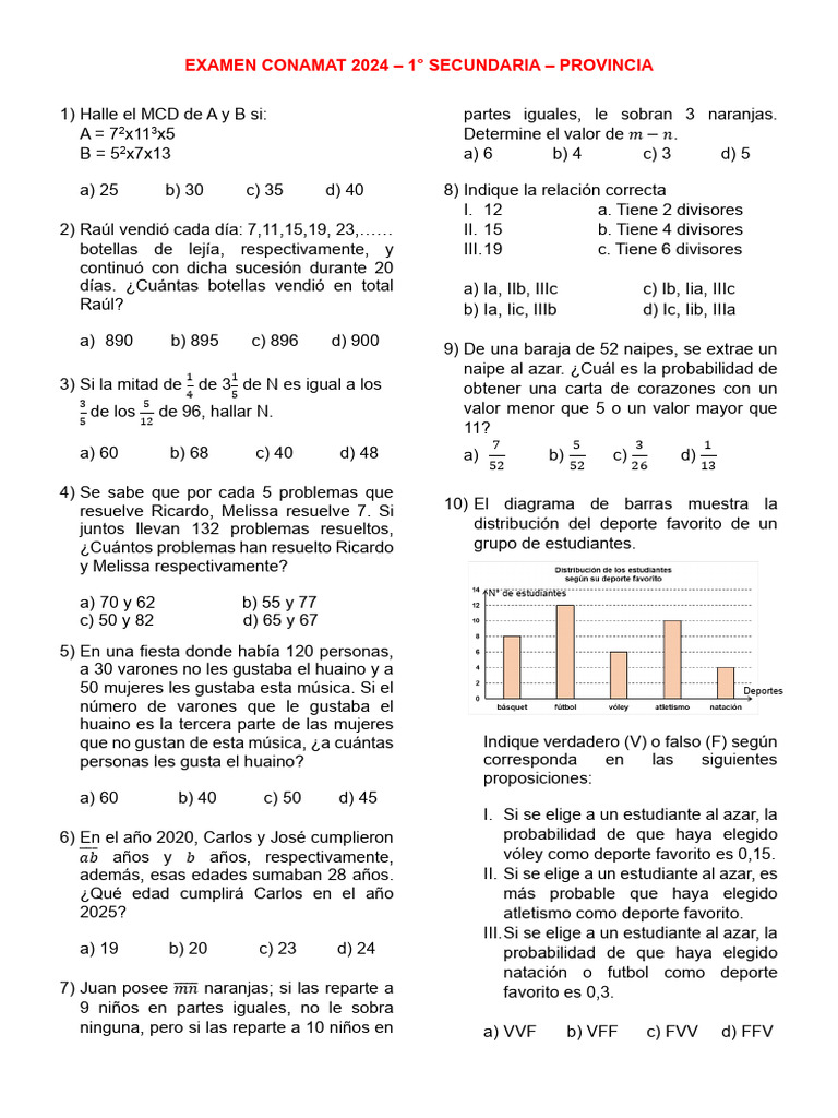 Examen Conamat 2024 - 1° Grado - Provincia | PDF