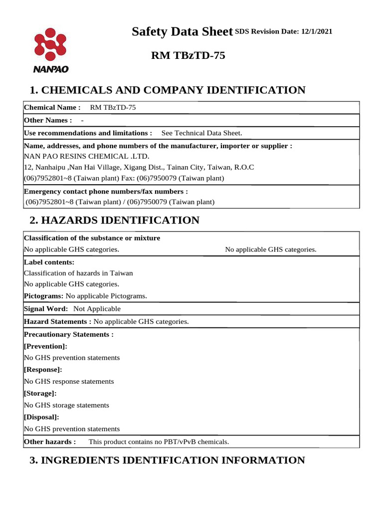 RM Tbztd-75 Sds 2021 (En) - de | PDF | Toxicity | Dangerous Goods