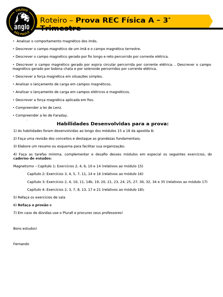 Roteiro Prova Rec Física A 2 Série EM | PDF | Métodos e Materiais de Ensino | Ciências e Matemática