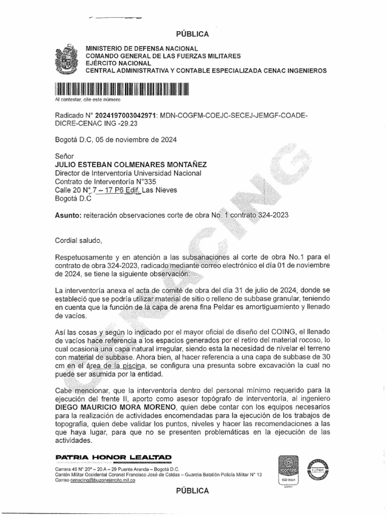 Reiteración Observaciones Al Corte 01 Contrato 324-2023 | PDF