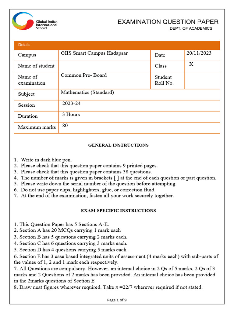 Practice Paper - Math Pre-Board (Standard) ... | PDF | Area | Defender (Association Football)