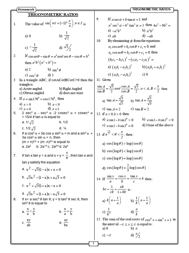 Trigonometric Ratios & Identities - Questions | PDF | Triangle ... Trigonometric Ratios & Identities - Questions | PDF | Triangle ...