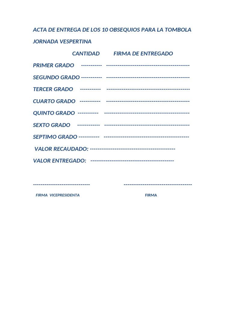 Acta de Entrega de Obsequios Tómbola | PDF