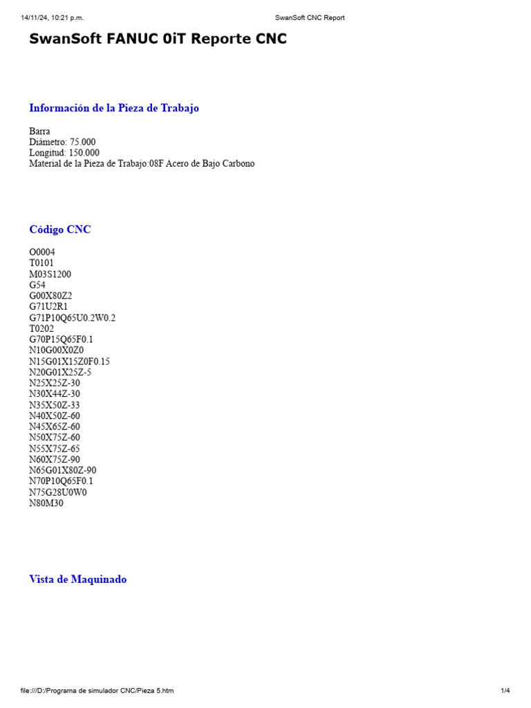 Reporte CNC FANUC 0iT: Barra de Acero | PDF | Negocios