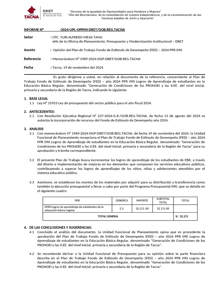 Informe #207 - 2024 Aprobacion Plan Trabajo Fed 2024 PPR 090 | PDF | Educación de la primera ...