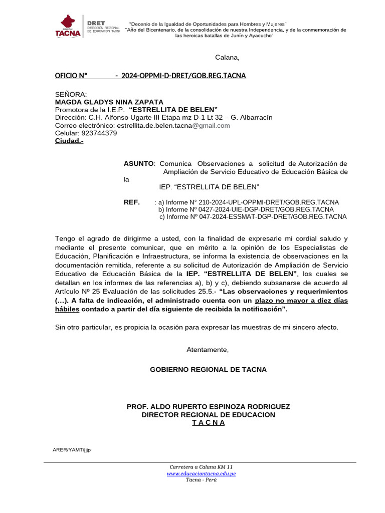 Oficio - Iep Estrellita Belen Comunica Observaciones | PDF