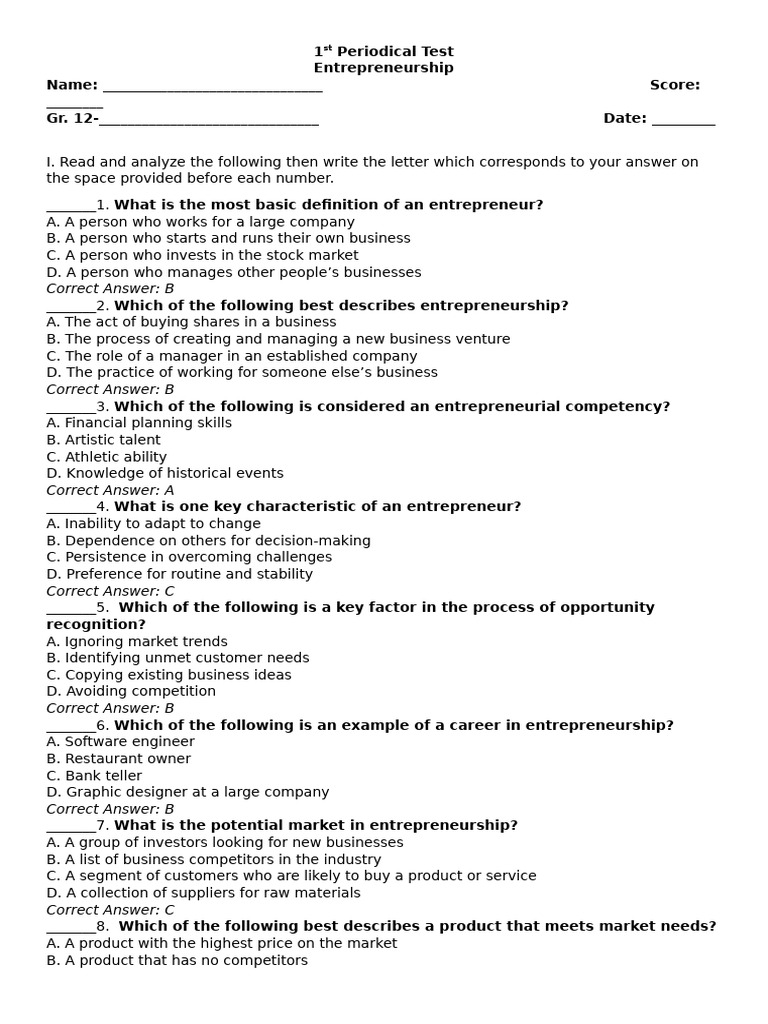 1st Periodical Test in Entrep Raw Data | PDF | Entrepreneurship | Marketing