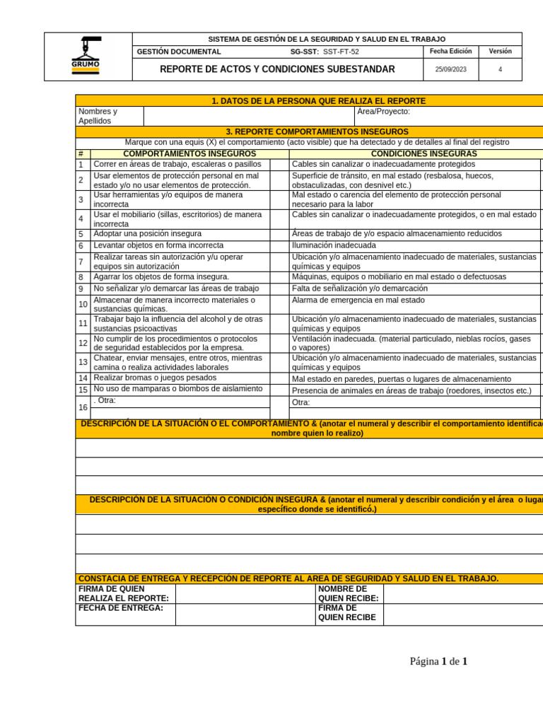 SST-FT-52 Reporte de Actos y Condiciones Inseguras | PDF