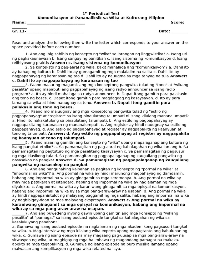 1st Periodical Test in KPWKP Raw Data | PDF