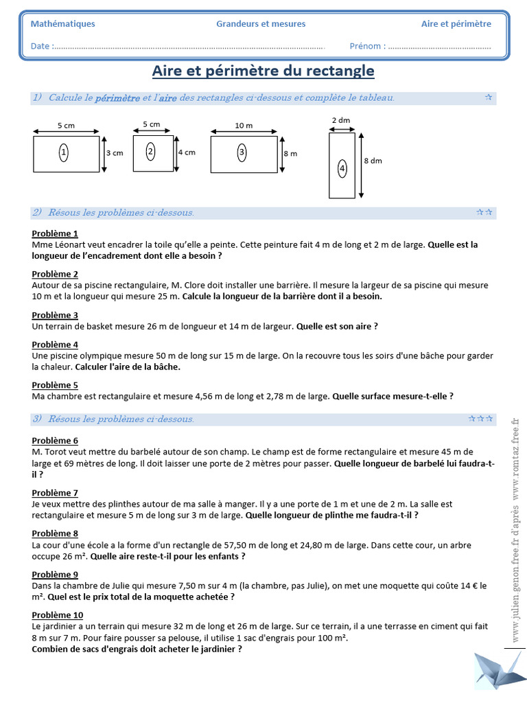 Calculs d'Aire et Périmètre de Rectangles | PDF | Géométrie | Géométrie ...
