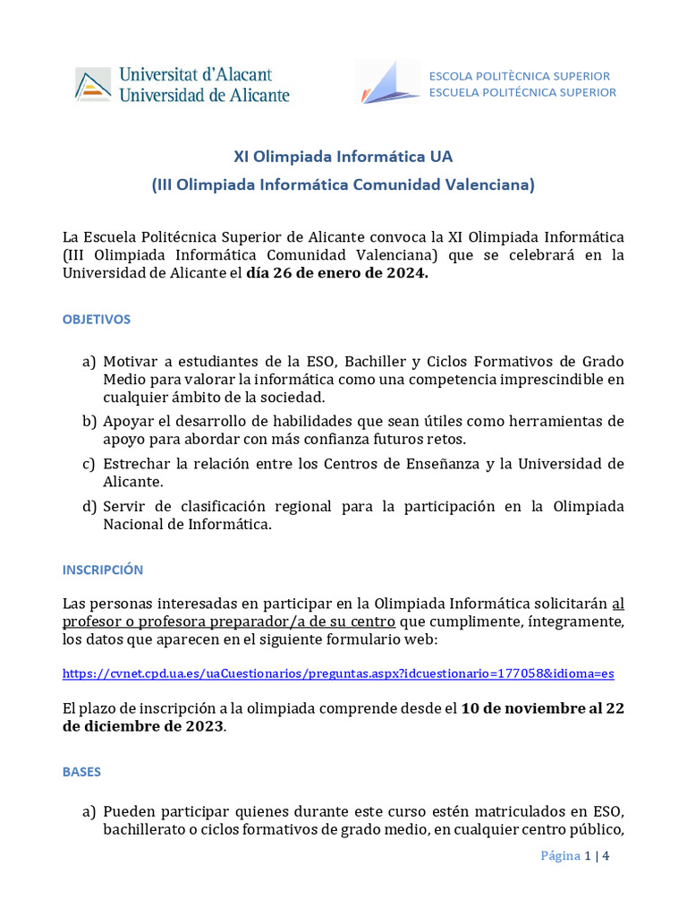 Bases Xi Olimpiada de Informa Tica Ua Castellano | PDF | Maestros ...