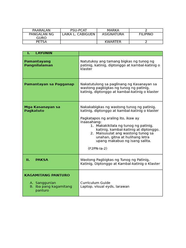 Filipino Lesson Plan | PDF