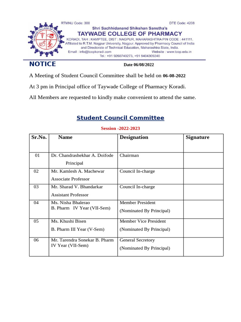 Student Council Meeting Notice | PDF | Academic Degree | Pharmacy