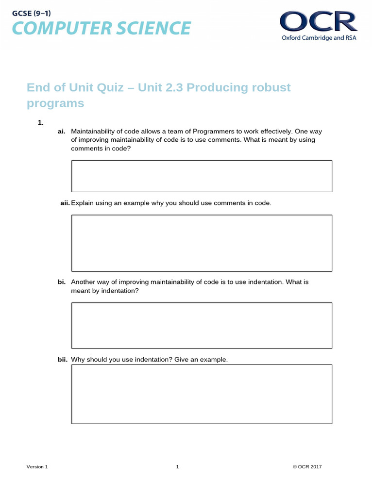 2.3 Producing Robust Programs End of Unit Quiz Lesson Element | PDF ...