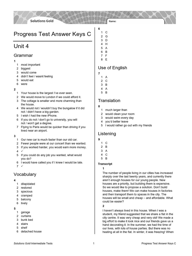 Sol Gold Int Progress Test Unit 4C Answer Key | PDF