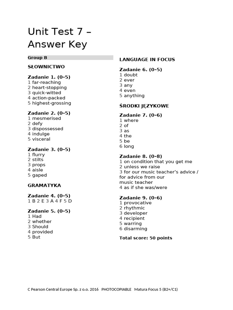 Unit Test 7 - Answer Key - Group B | PDF